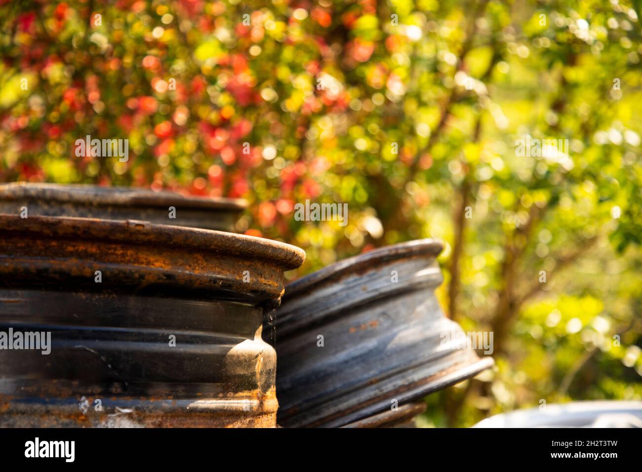 Pile of old steal rims thrown away into nature Stock Photo - Alamy