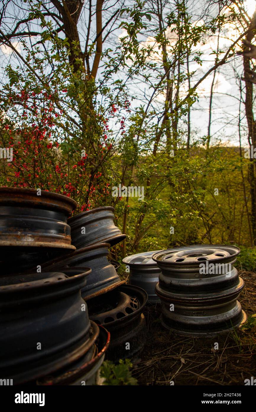 Pile of old steal rims thrown away into nature Stock Photo - Alamy