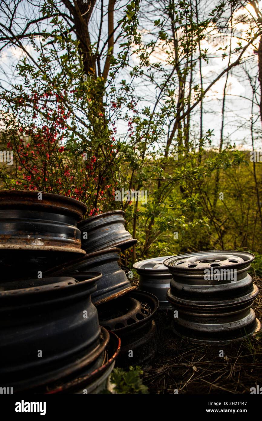 Pile of old steal rims thrown away into nature Stock Photo - Alamy