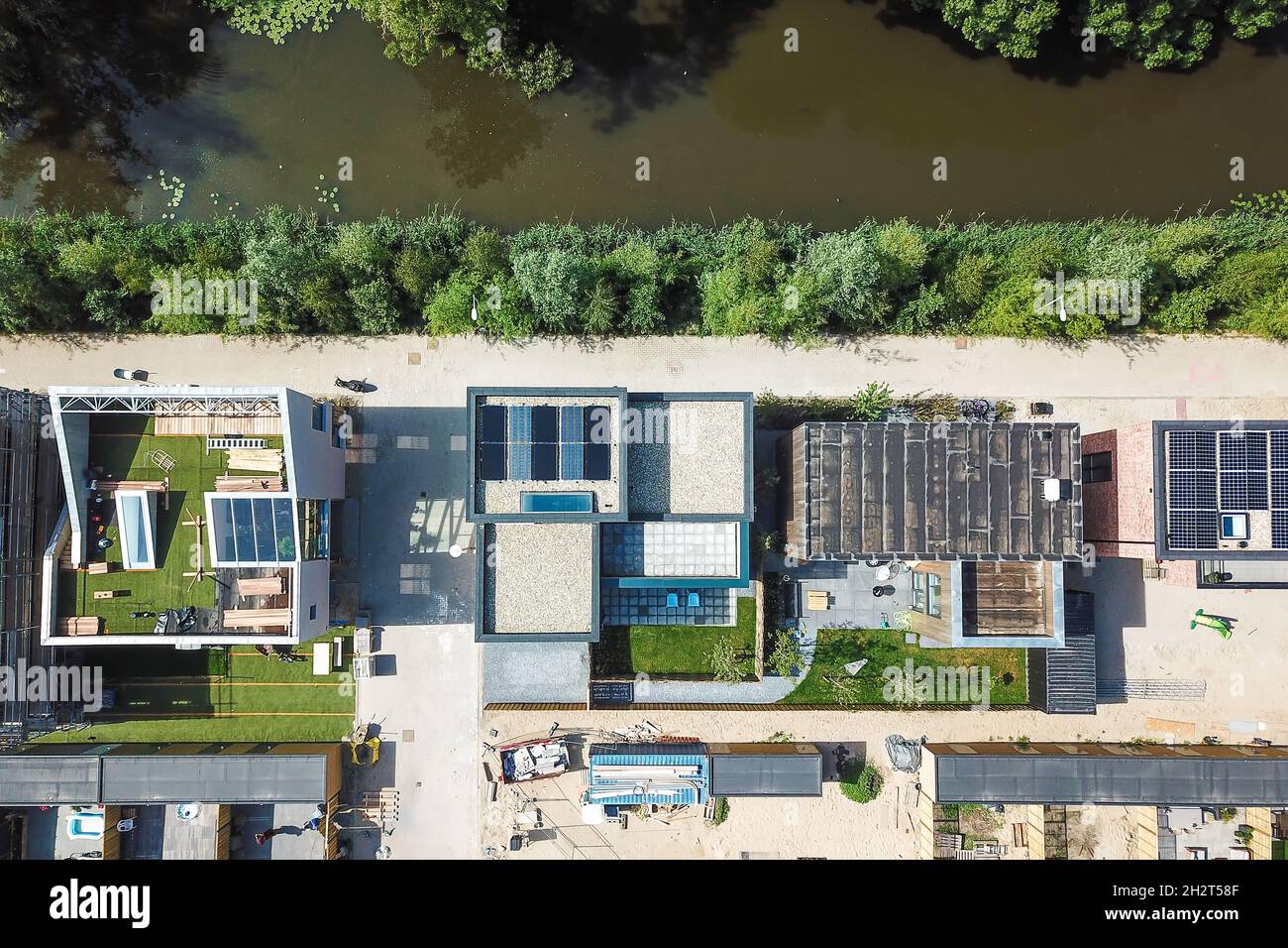 Top view of a residential building with solar battery Stock Photo - Alamy