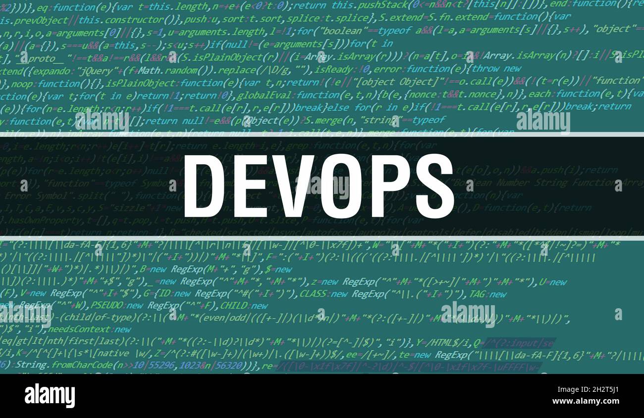 DevOps text written on Programming code abstract technology background ...