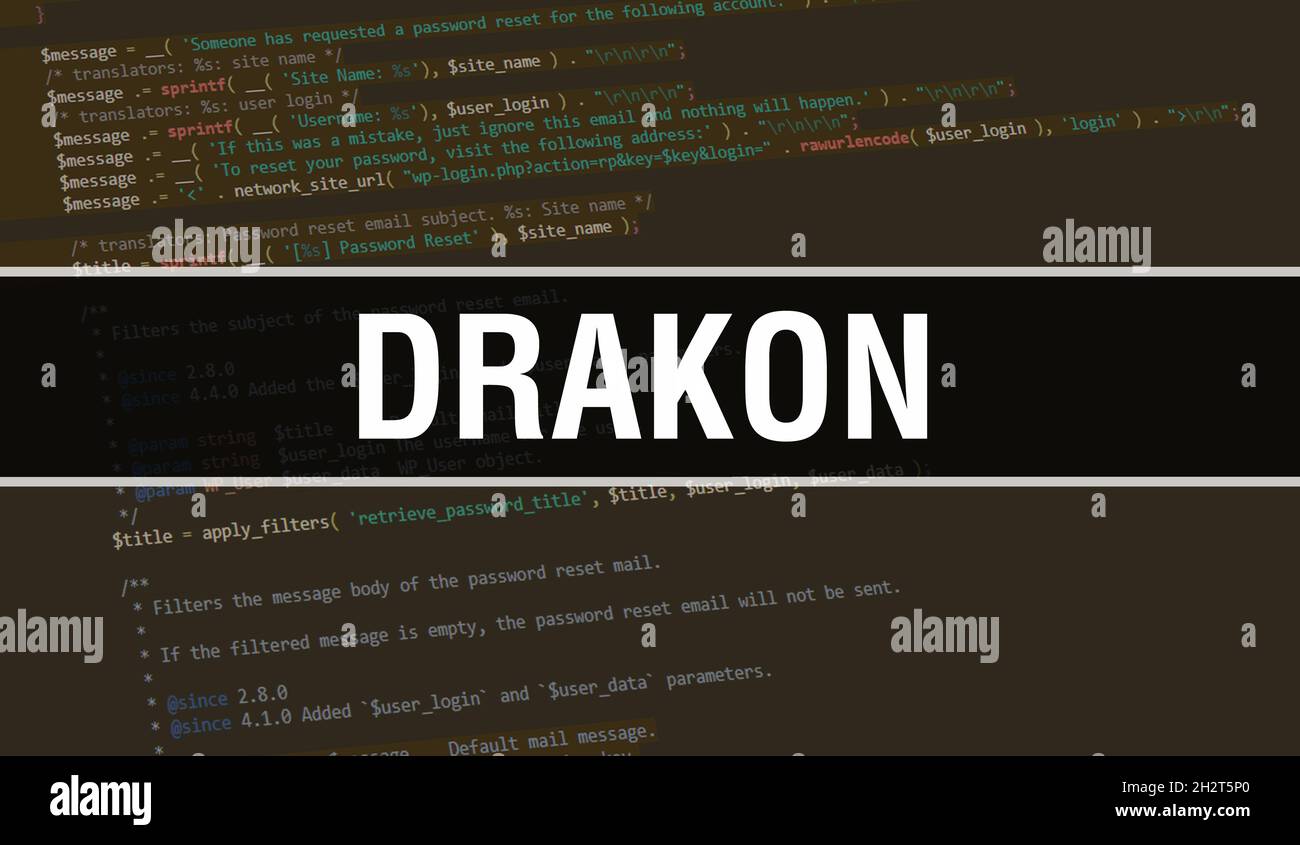 DRAKON concept with Random Parts of Program Code.DRAKON text written on ...