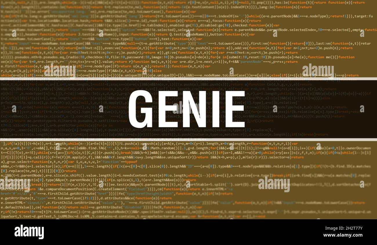 Genie concept with Random Parts of Program Code.Genie text written on ...
