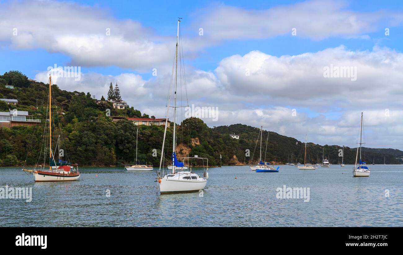 Yachts moored at Opua, a harbor in the Bay of Islands, New Zealand ...