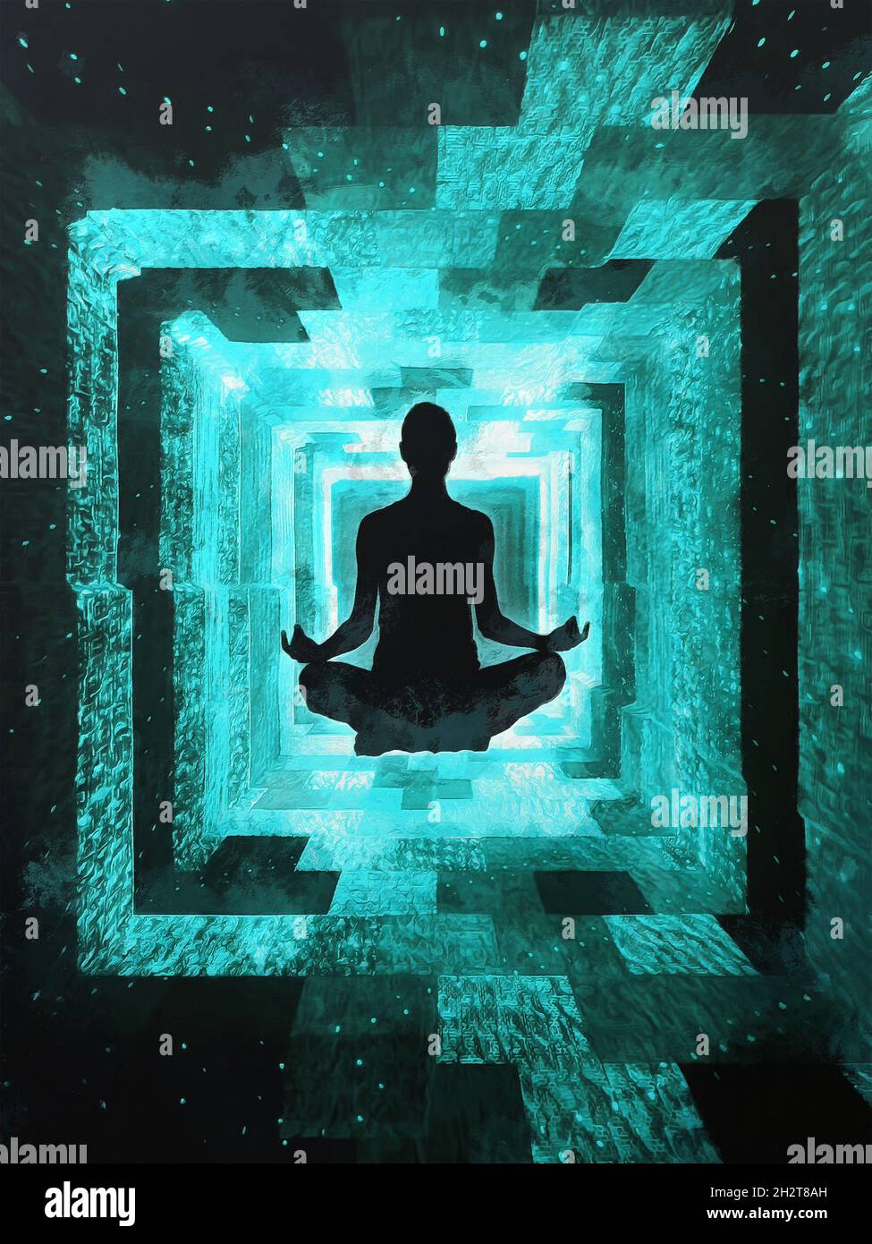 Woman in yoga pose inside a virtual space. Futuristic corridor. Black ...