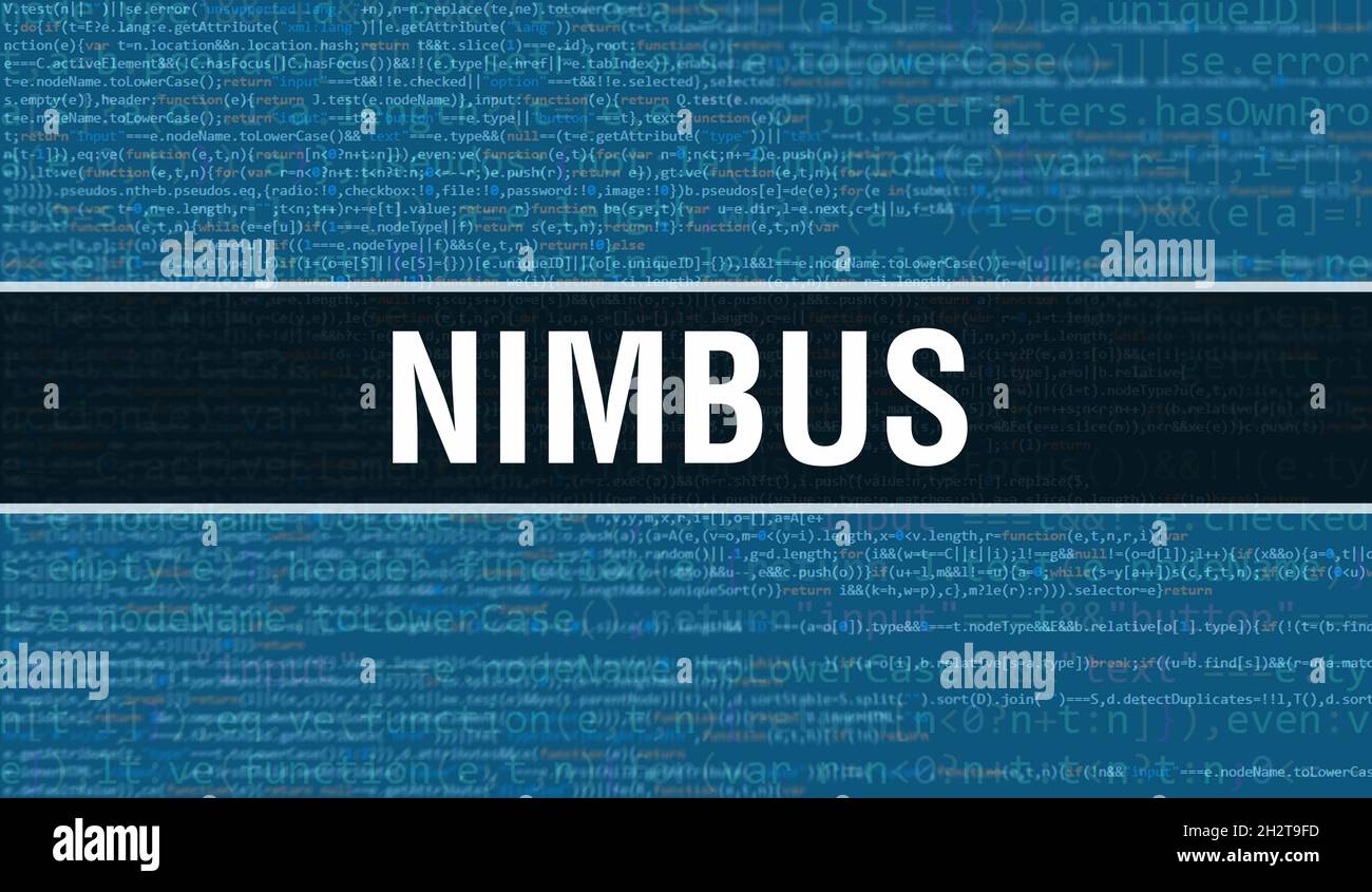 Nimbus text written on Programming code abstract technology background of software developer and ...