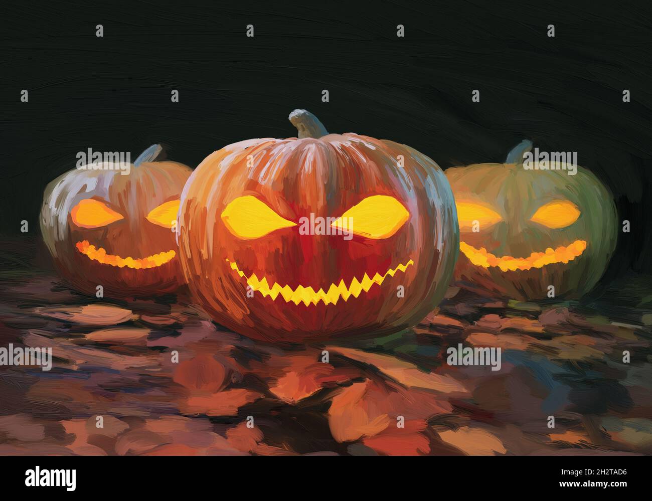 Acrylic painting of Scary pumpkin at Halloween in autumn. Digital art ...