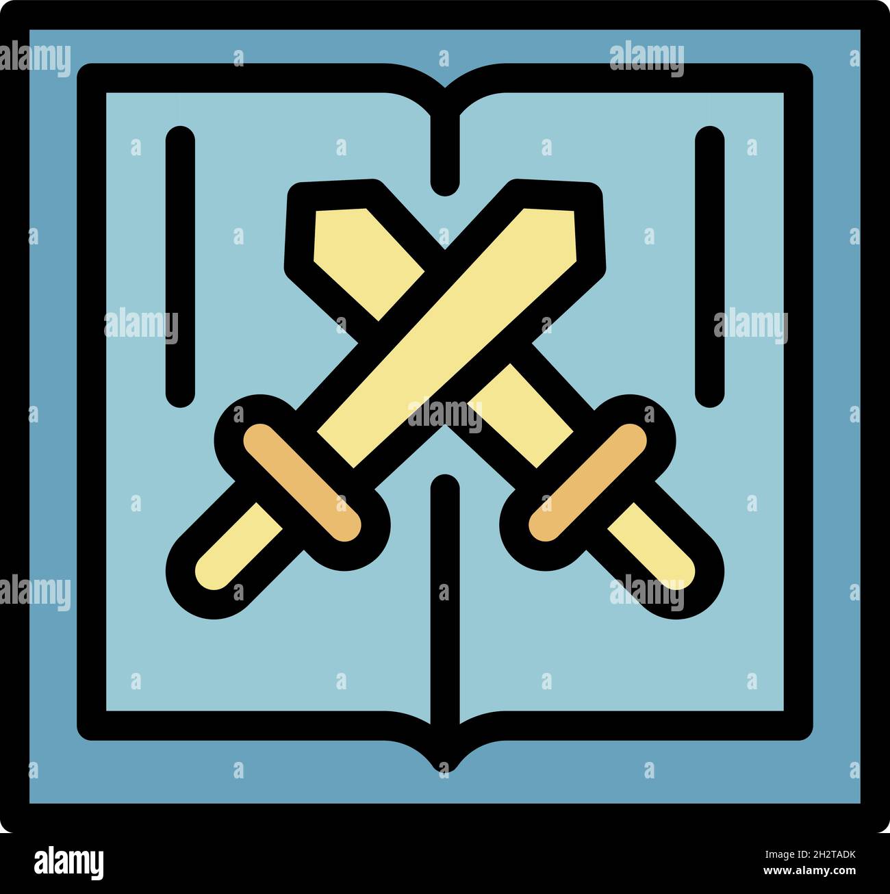 Book and crossed swords icon. Outline book and crossed swords vector ...