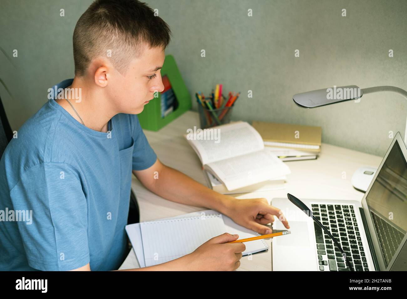 Laptop on the student's desk with the broadcast of the classroom Stock ...