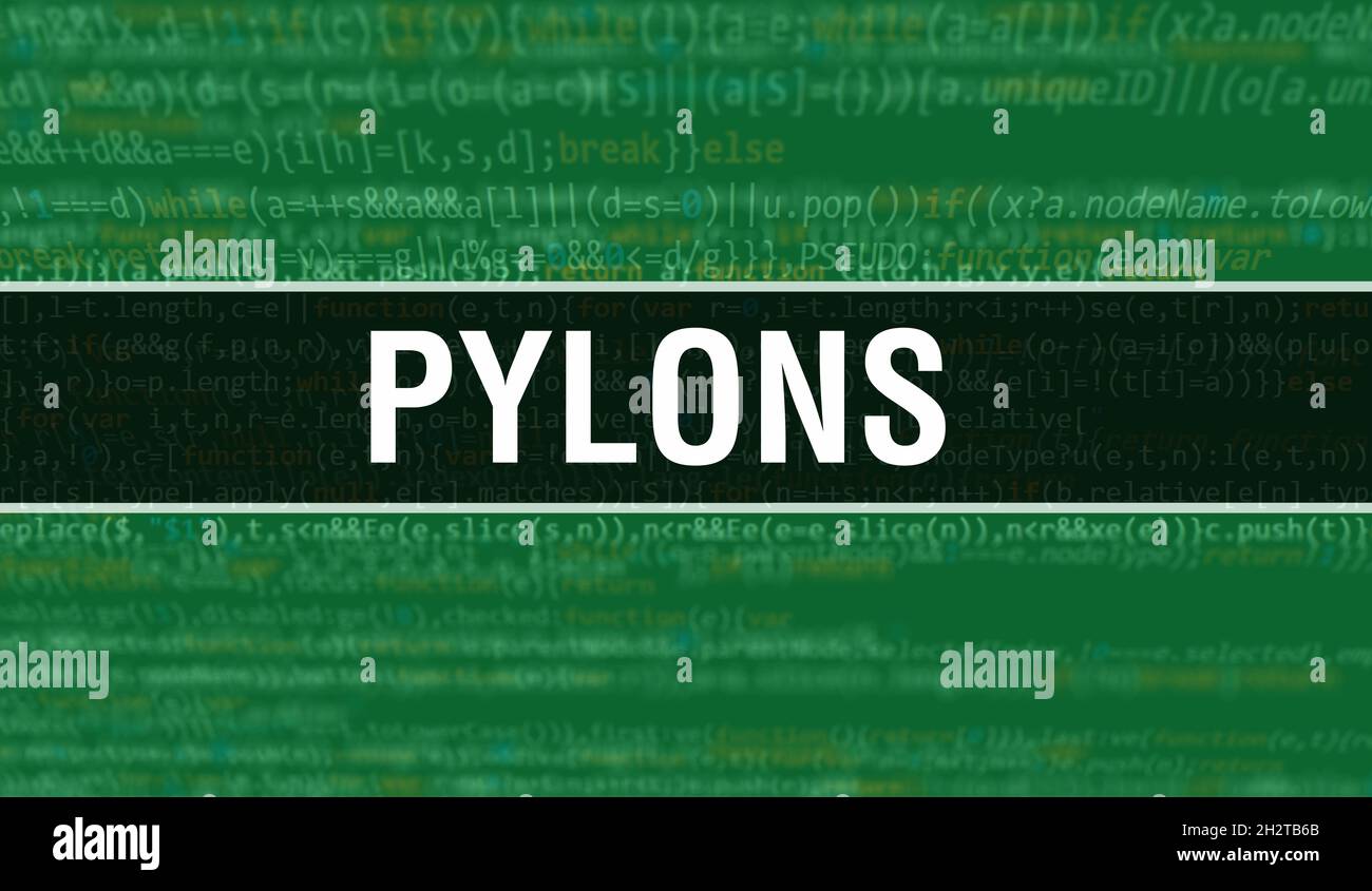 Pylons text written on Programming code abstract technology background ...