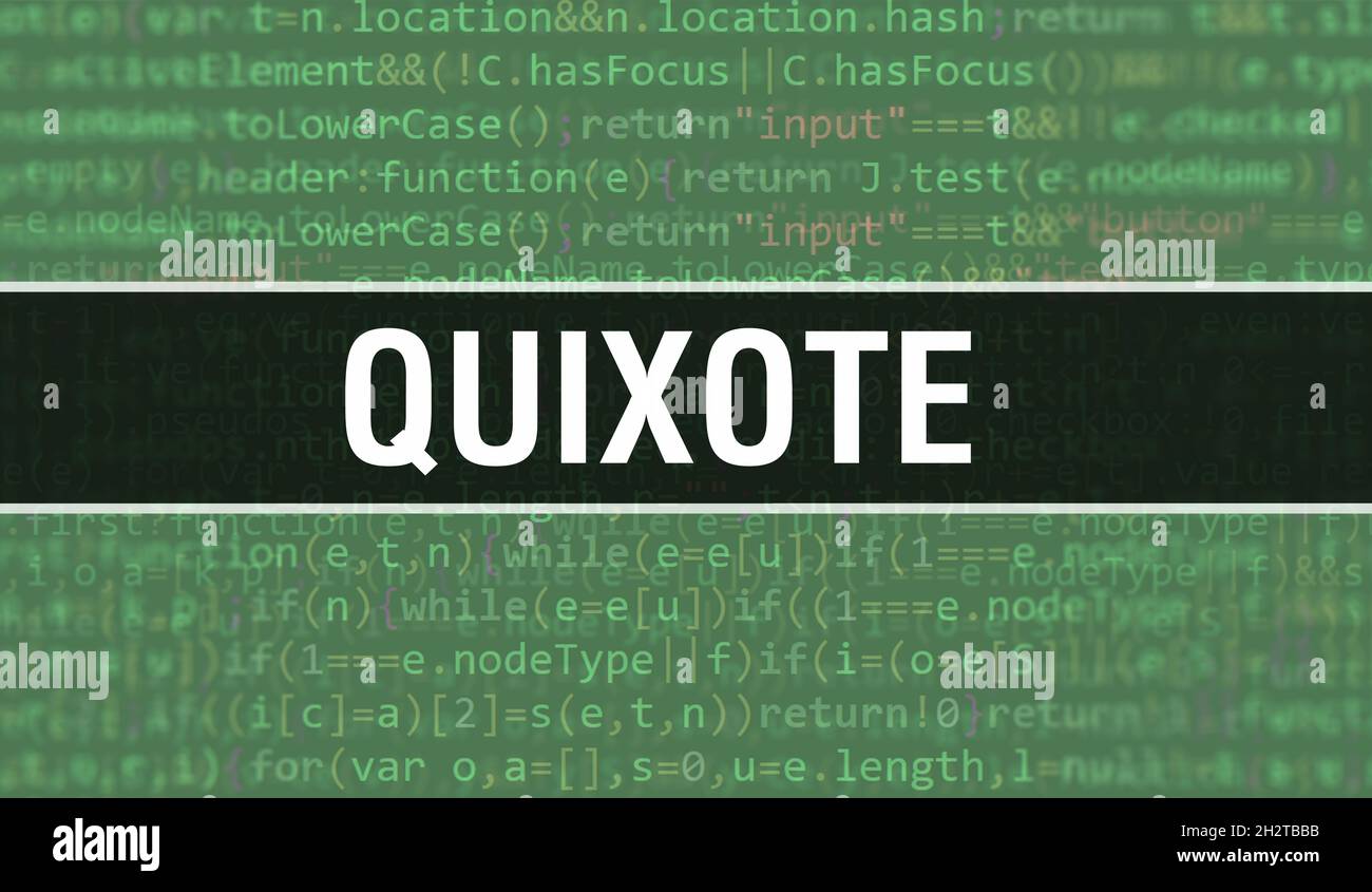 Quixote concept with Random Parts of Program Code.Quixote text written on Programming code ...