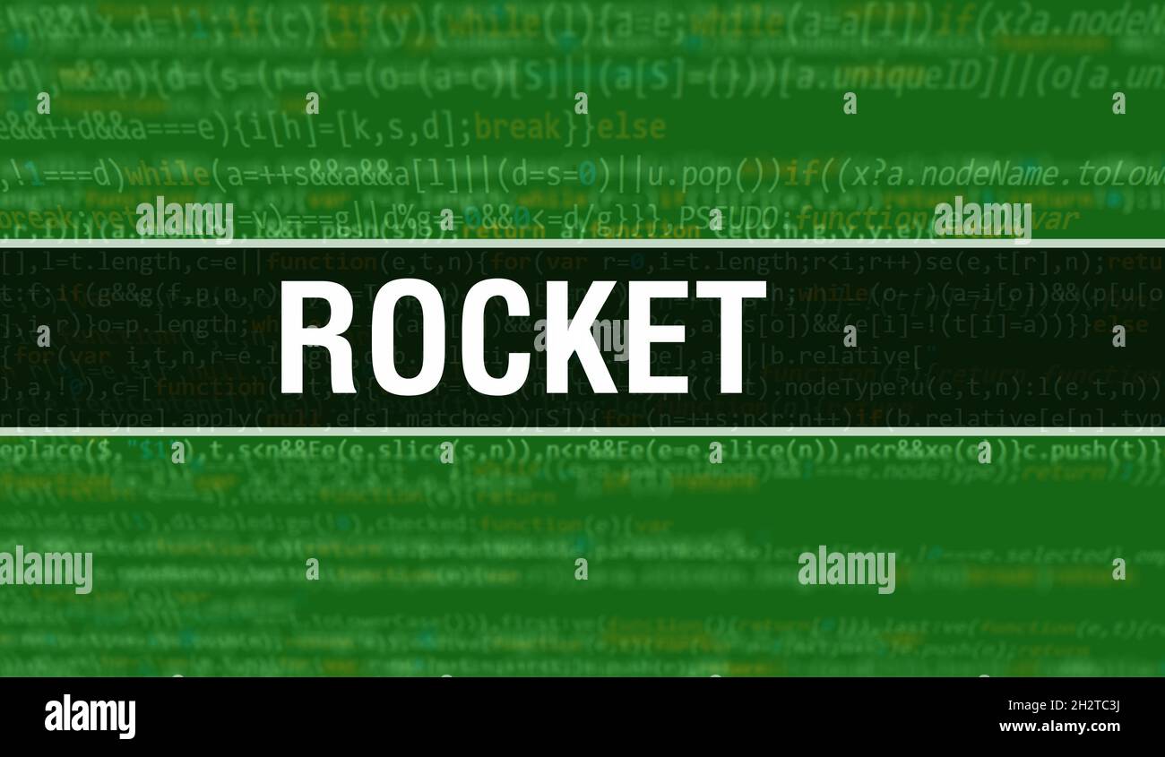 Rocket text written on Programming code abstract technology background ...