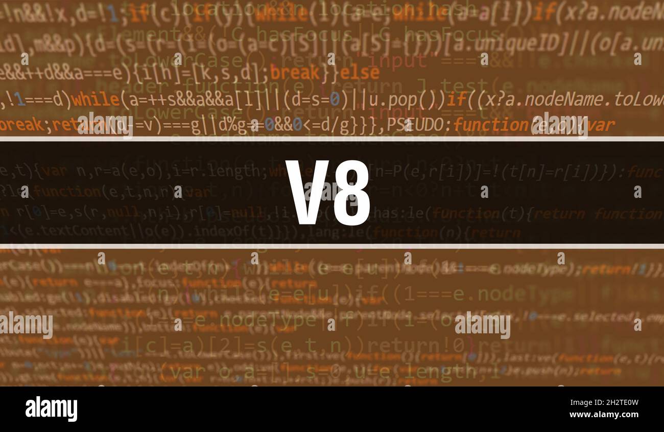 V8 concept with Random Parts of Program Code.V8 text written on ...