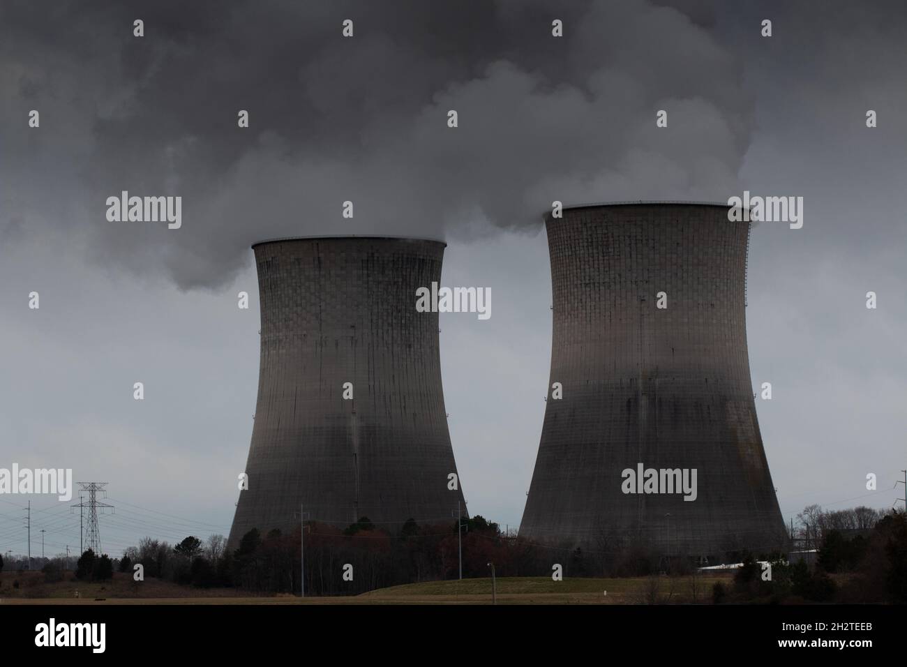 WATTS BAR, UNITED STATES - Oct 19, 2021: A view of two Cooling Towers ...