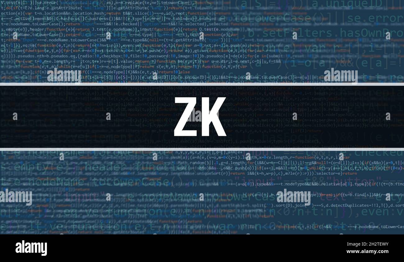 ZK text written on Programming code abstract technology background of software developer and ...