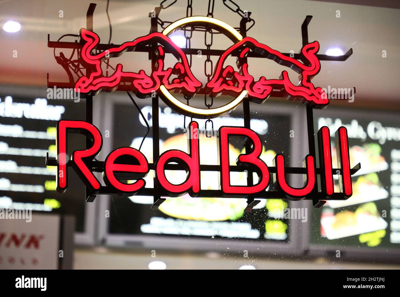 Red Bull sign in Stockholm, Sweden, during Saturday evening Stock Photo ...