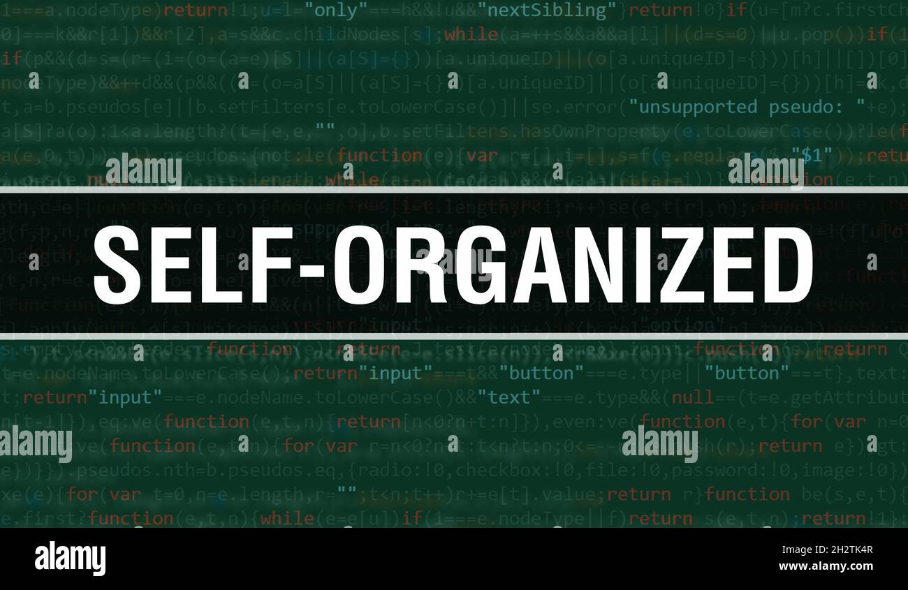 Self-Organized concept with Random Parts of Program Code.Self-Organized text written on ...