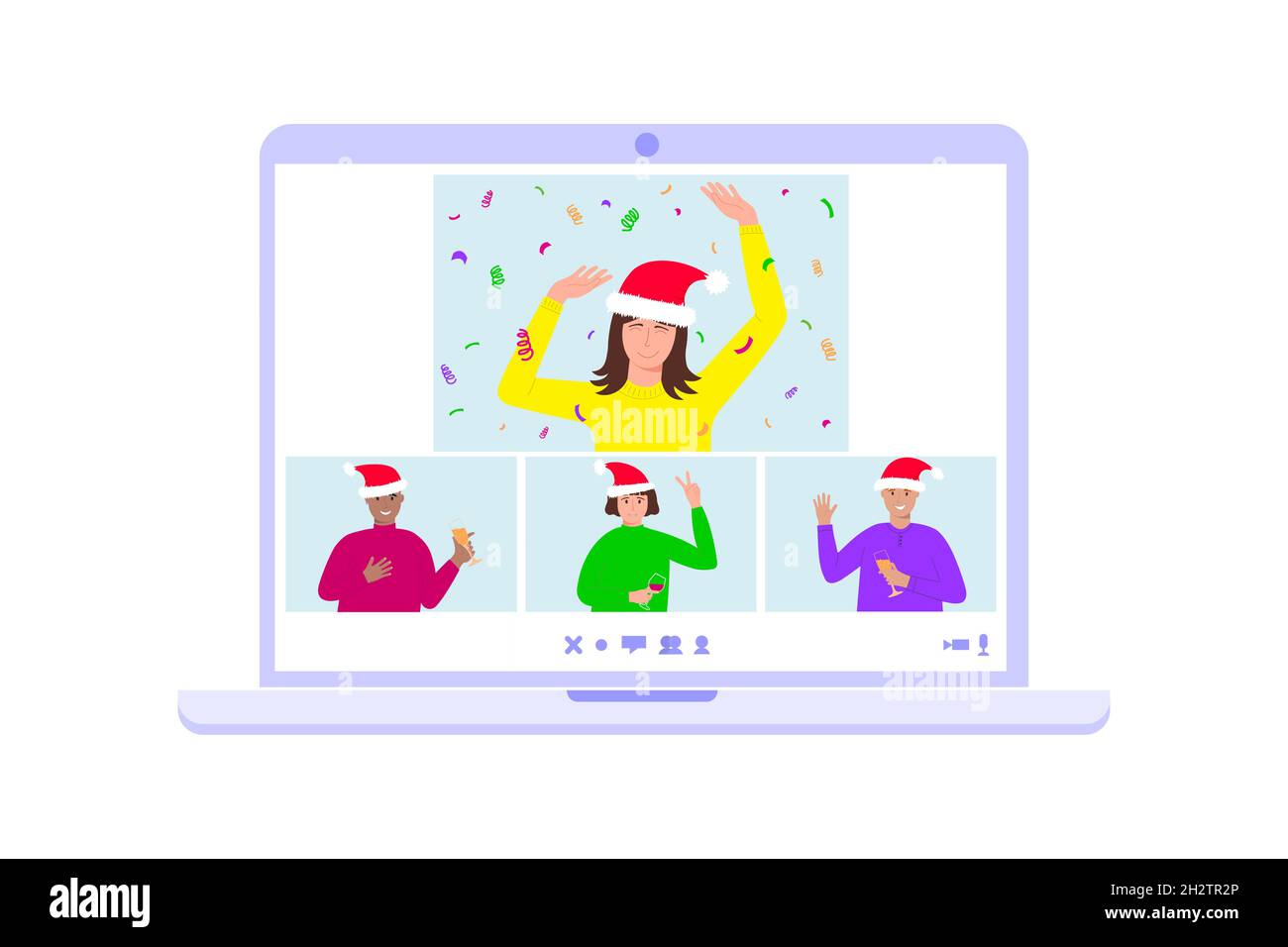 Online Christmas or New Year home party concept. People on laptop ...