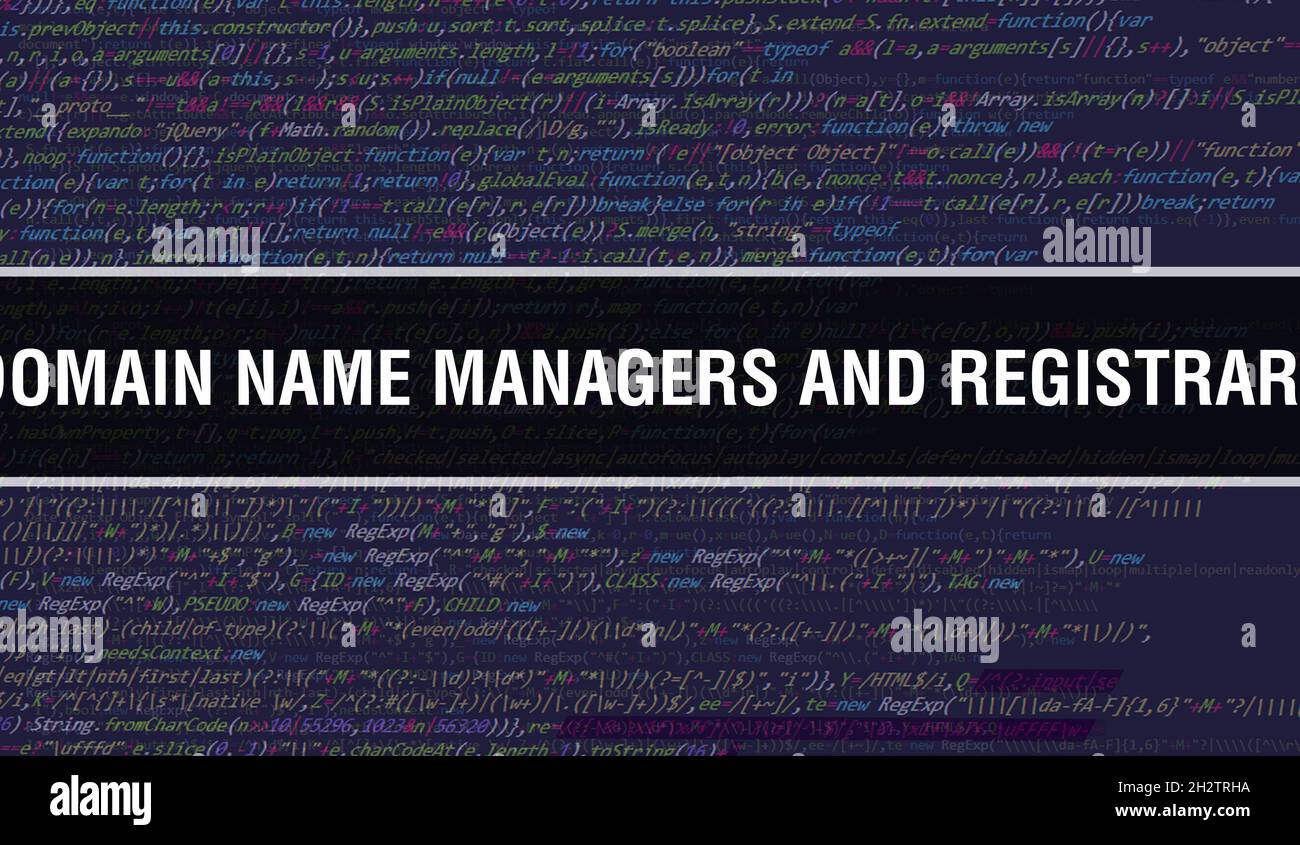 Domain name managers and registrars text written on Programming code ...