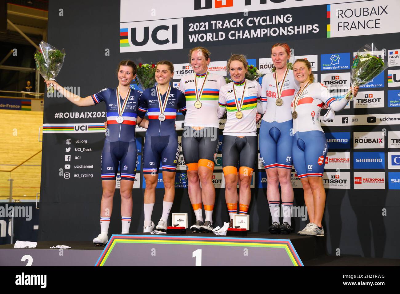 Podium women Madison 30 km during the Tissot UCI Track Cycling World ...