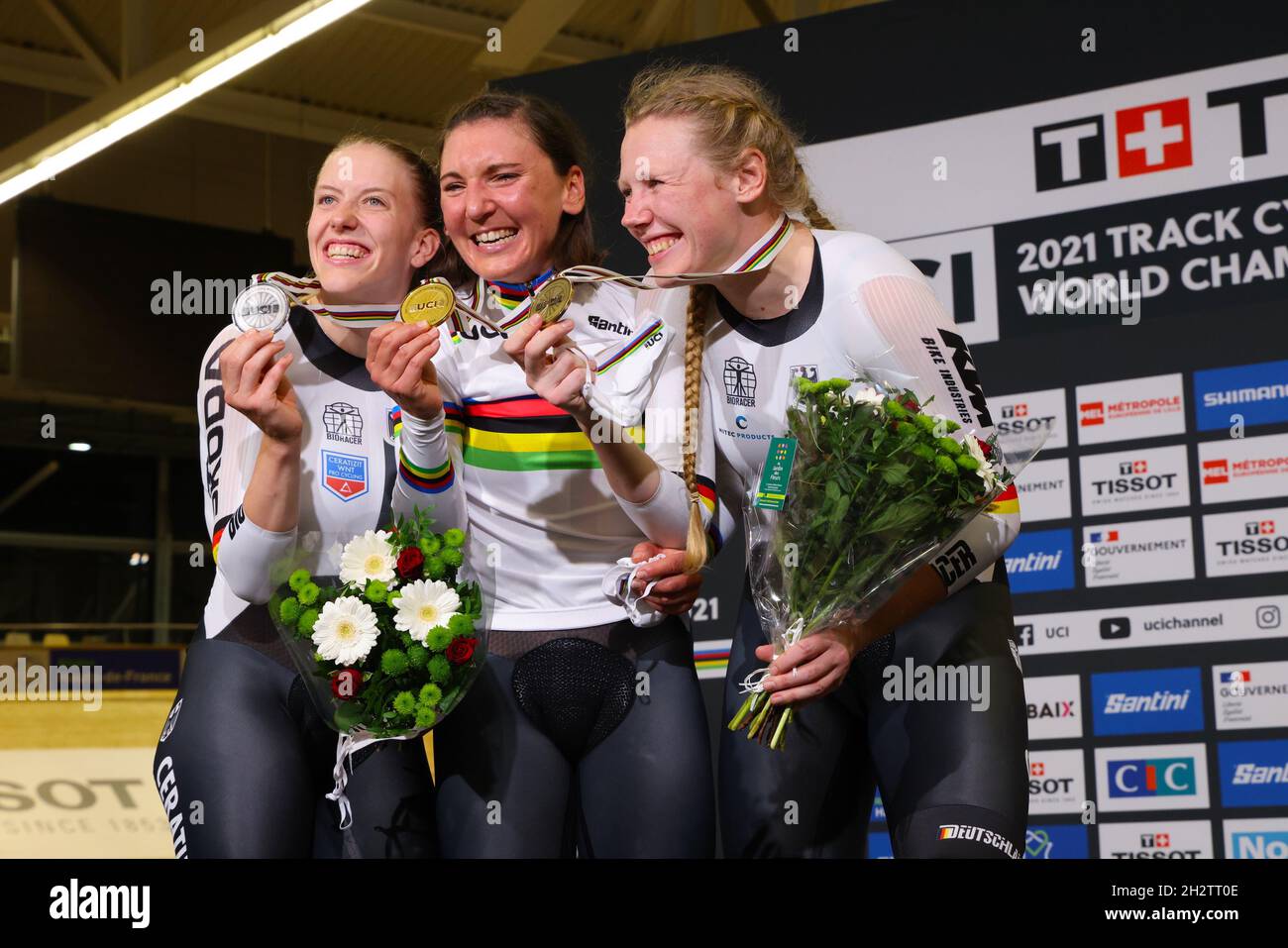 Podium individual pursuit women during the Tissot UCI Track Cycling ...