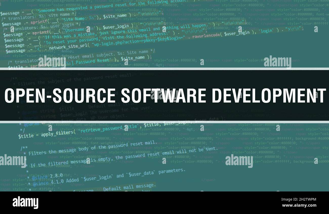 OPEN-SOURCE SOFTWARE DEVELOPMENT concept illustration using code for developing programs and app ...