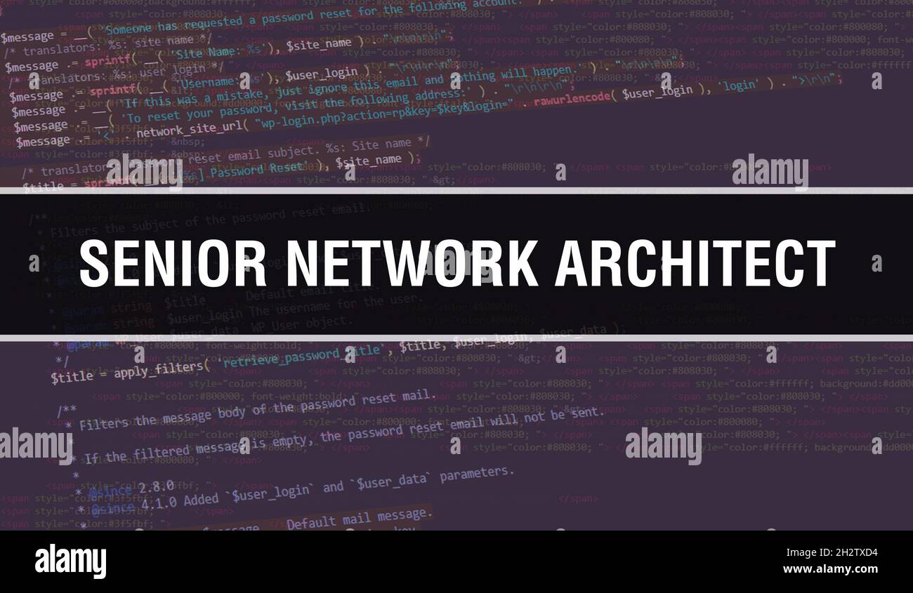 Senior Network Architect text written on Programming code abstract technology background of ...