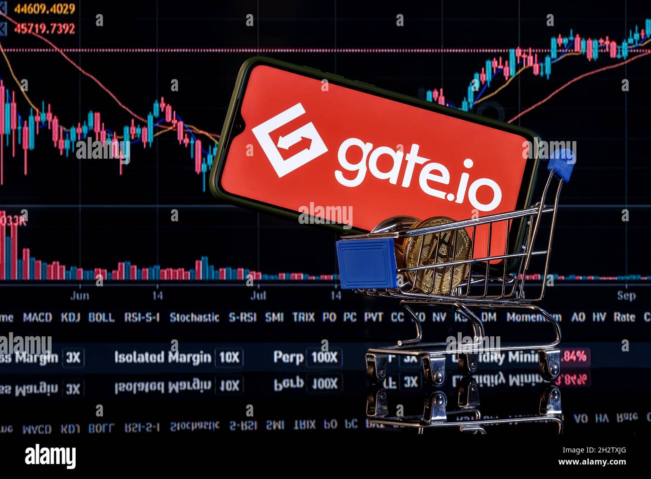 A smartphone with the Gate.io logo in shopping cart on the background ...