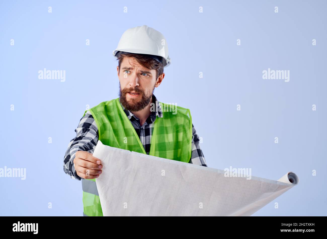 male builder construction work design profession blue background Stock ...