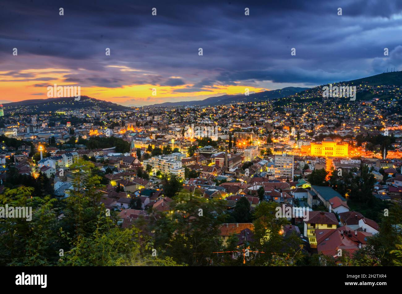 An aerial view of city night lights in Sarajevo, Bosnia and Herzegovina ...