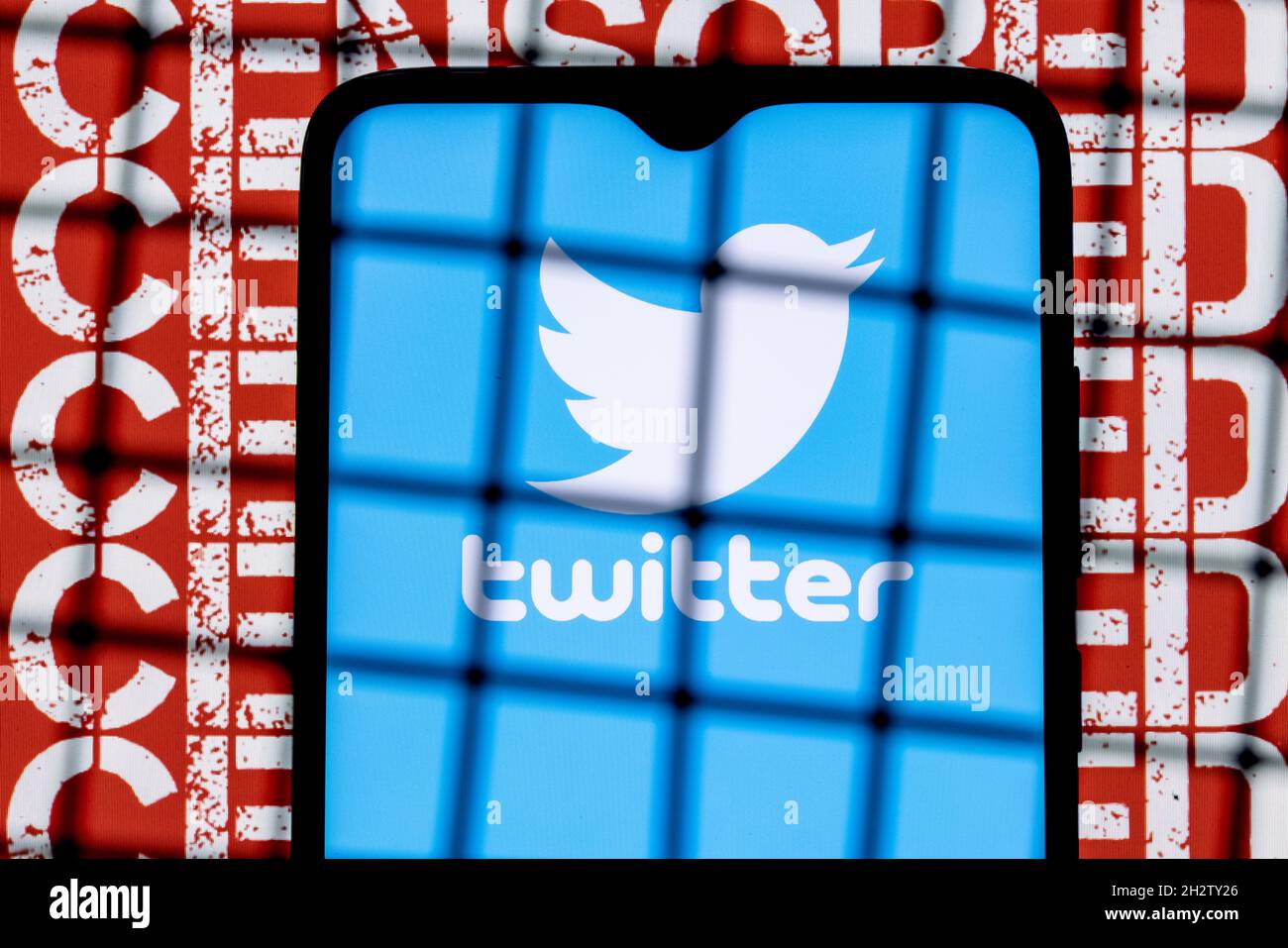 witter social network logo on the smartphone screen behind the bars on ...