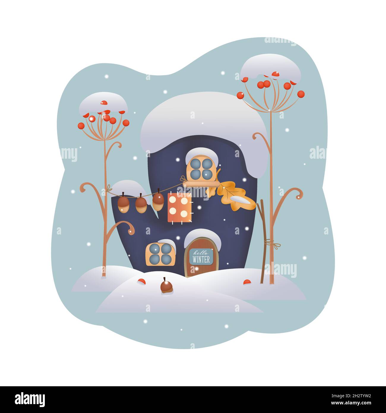 Hello WINTER Home mitten with windows, under the snow, snowflakes ...