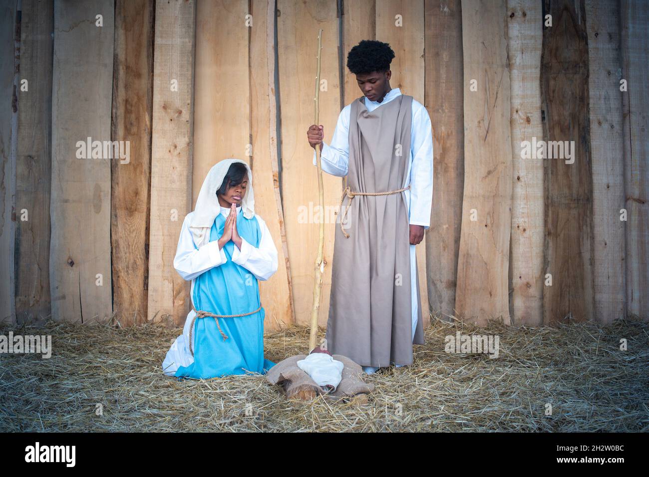 Nativity of a crib with black virgin mary and joseph Stock Photo - Alamy