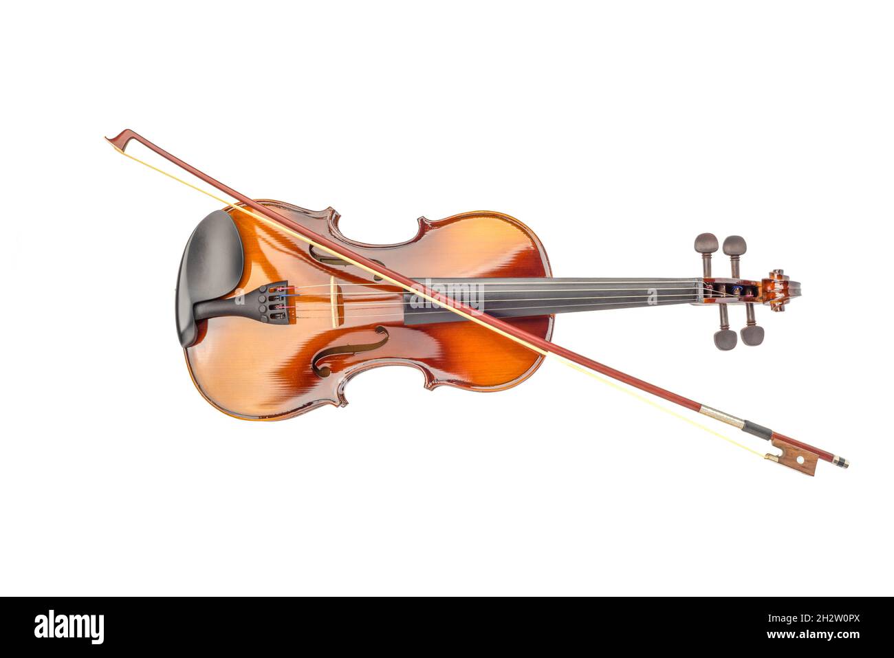 Top view of violin and bow isolated on white background. Copy space ...