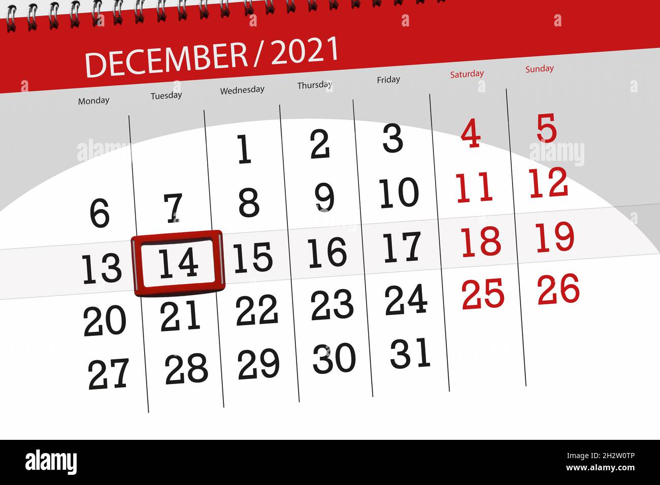 Calendar planner for the month december 2021, deadline day, 14, tuesday ...