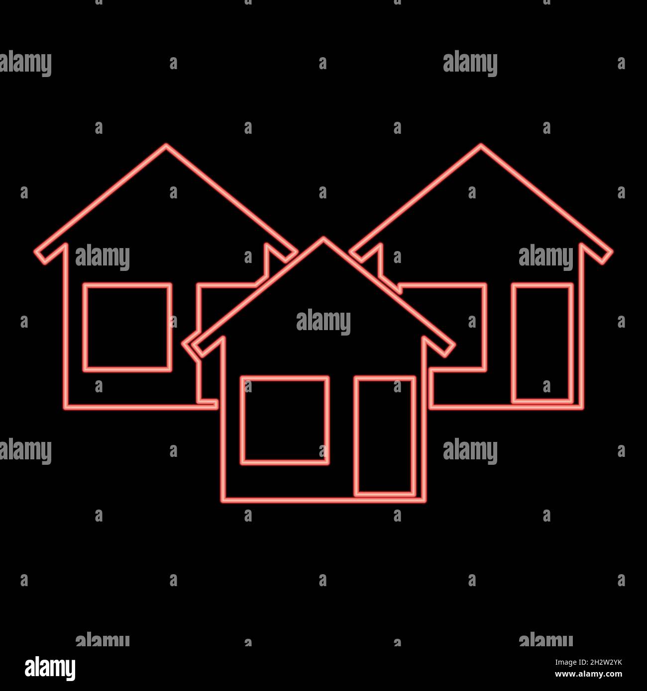 Neon three house red color vector illustration flat style light image ...