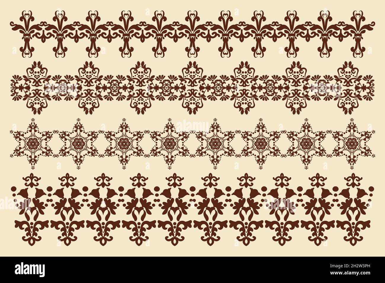 Patterned borders with floral elements. Set of ornaments in vintage ...