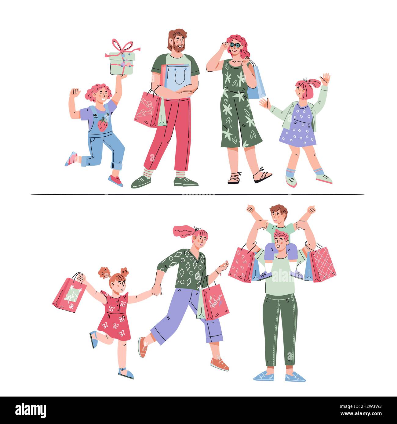 Family shopping in internet store characters set. Parents and children ...
