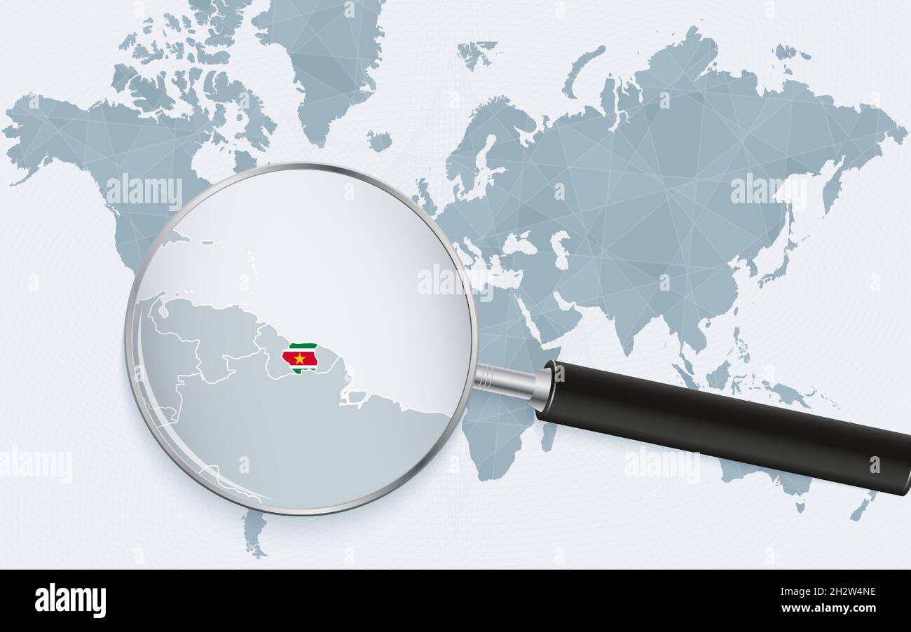 World map with a magnifying glass pointing at Suriname. Map of Suriname ...