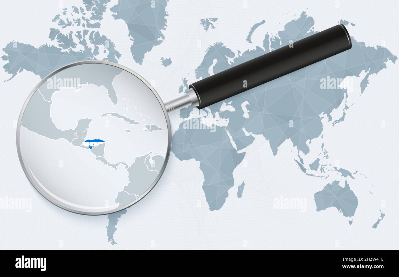 World map with a magnifying glass pointing at Honduras. Map of Honduras with the flag in the ...