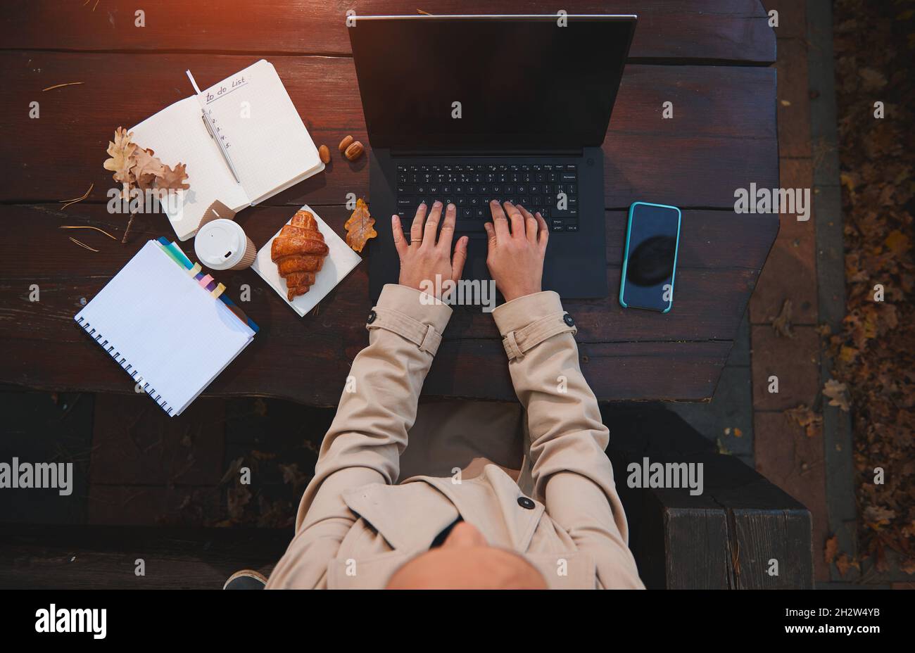 Overhead view of business woman typing on laptop in the forest cafe ...
