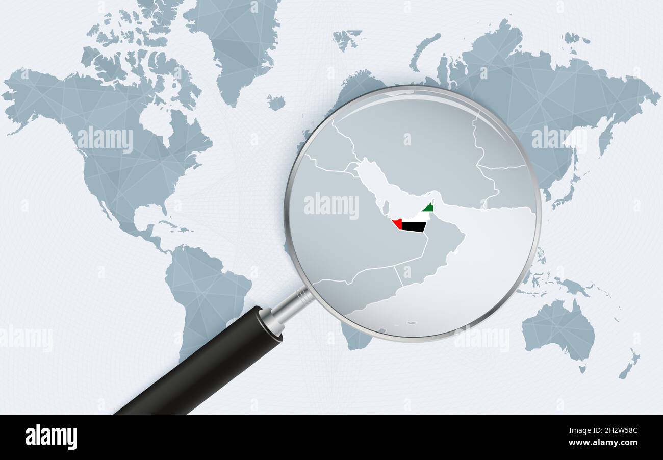 World map with a magnifying glass pointing at United Arab Emirates. Map ...