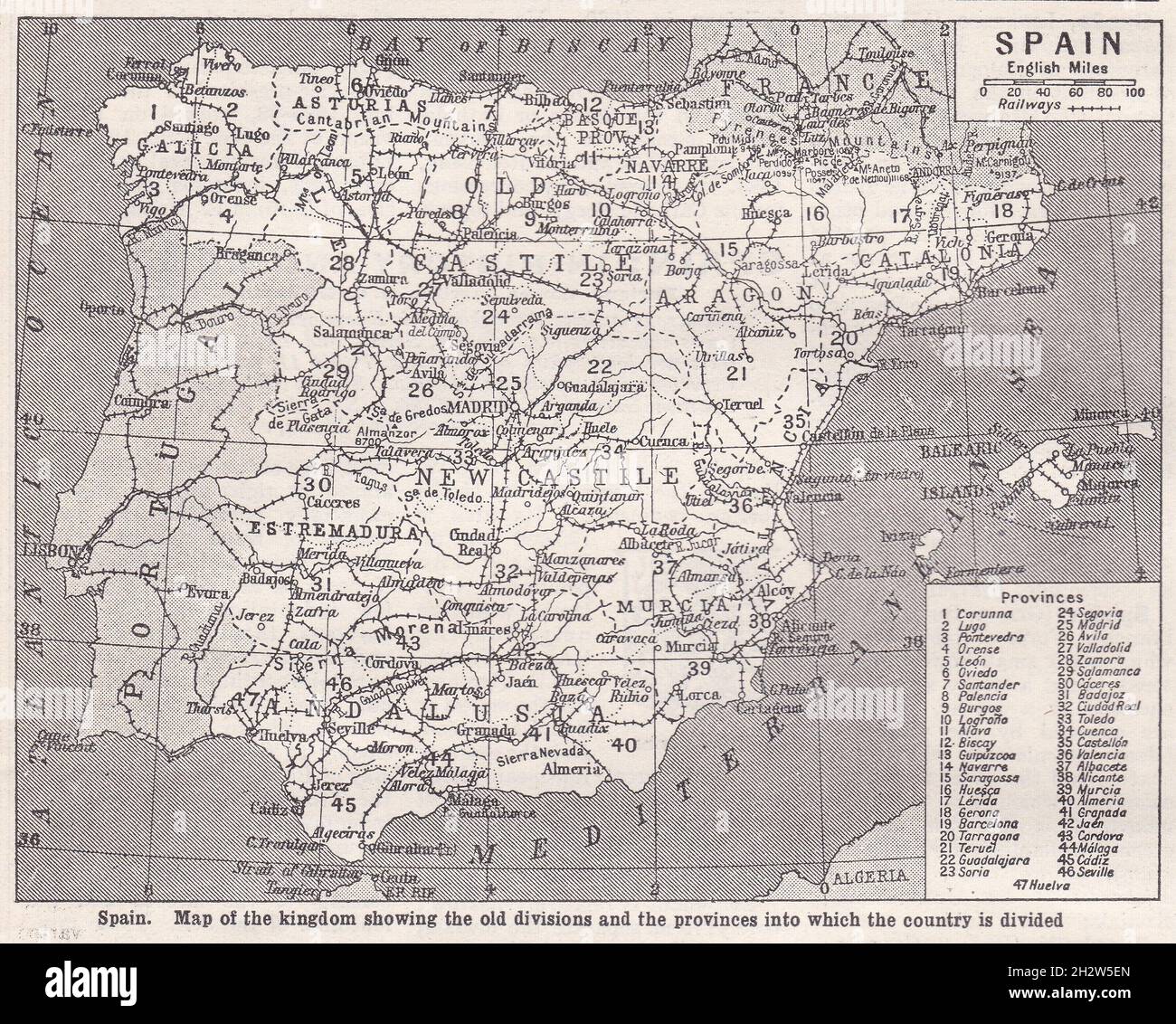 Vintage map of Spain showing the kingdom of the old divisions and the ...