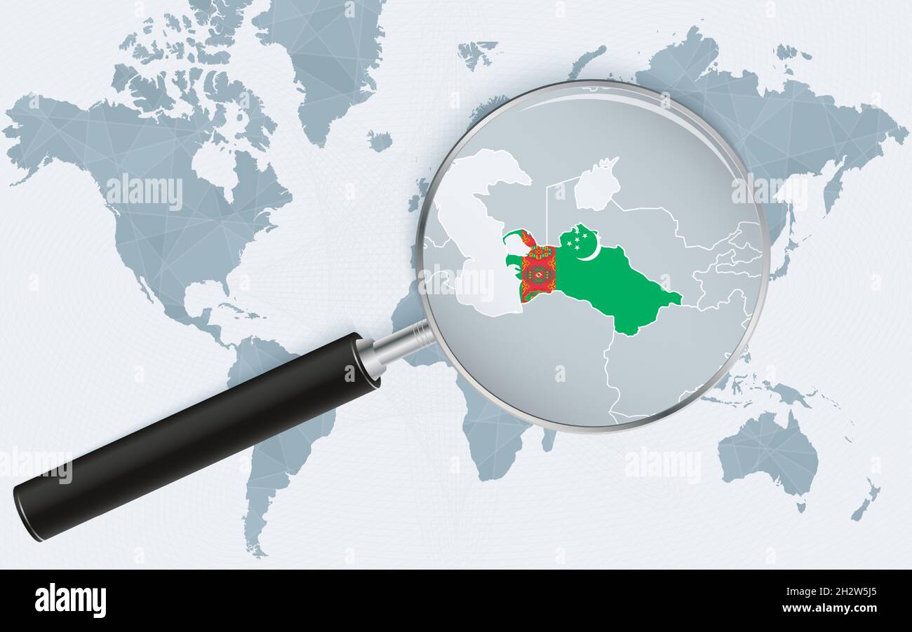 World map with a magnifying glass pointing at Turkmenistan. Map of ...