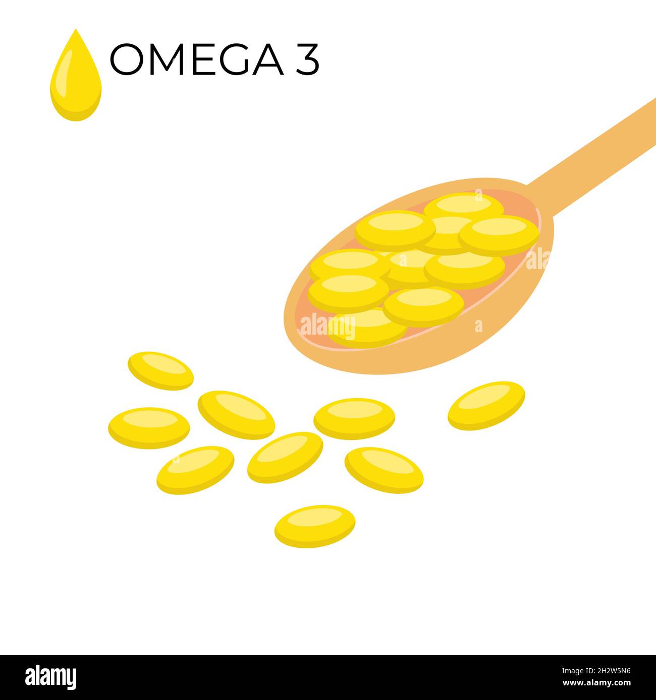 Omega 3 gold capsules in a spoon. Flat vector illustration of vitamins ...
