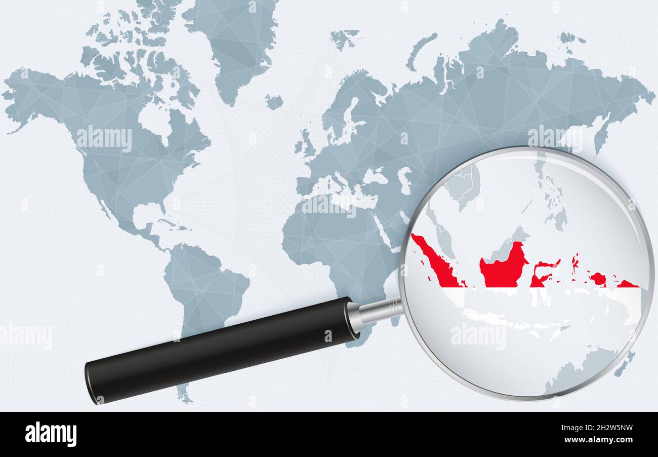 World map with a magnifying glass pointing at Indonesia. Map of ...