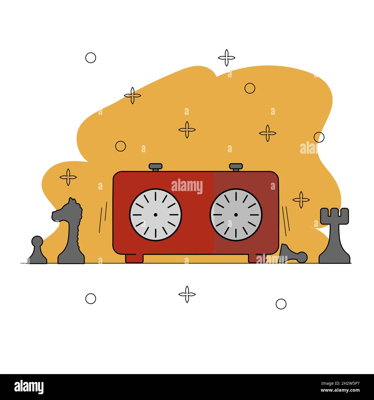 Mechanical red chess clock. Timer with buttons and chess pieces. Vector ...