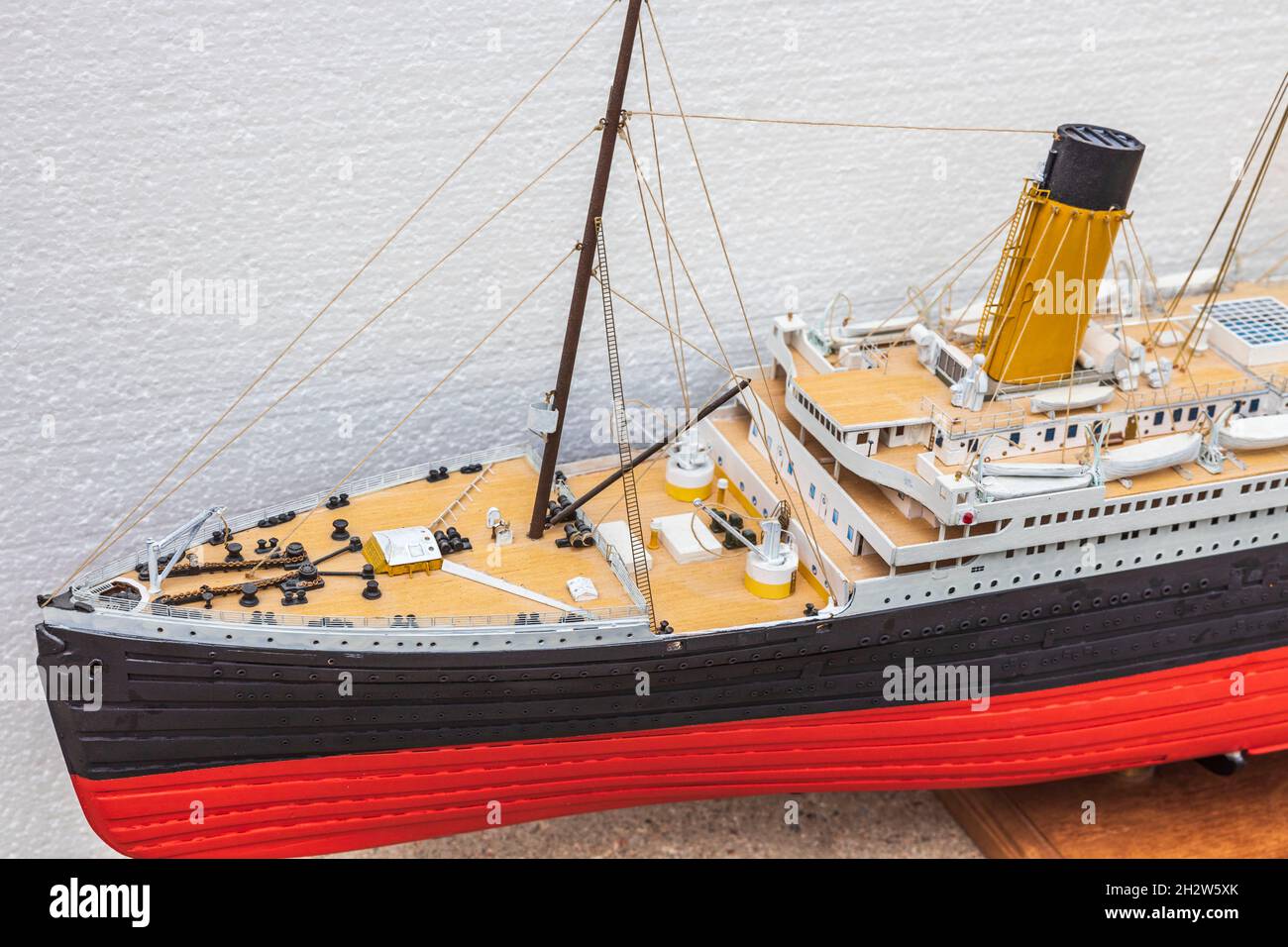 Close up view of part of wooden Titanic ship model. Beautiful wooden ...