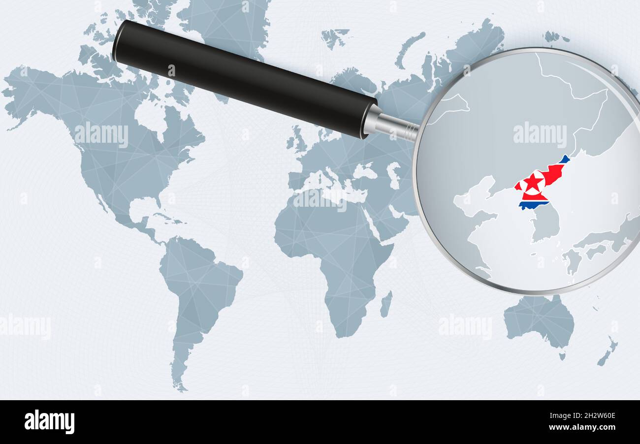 World map with a magnifying glass pointing at North Korea. Map of North ...