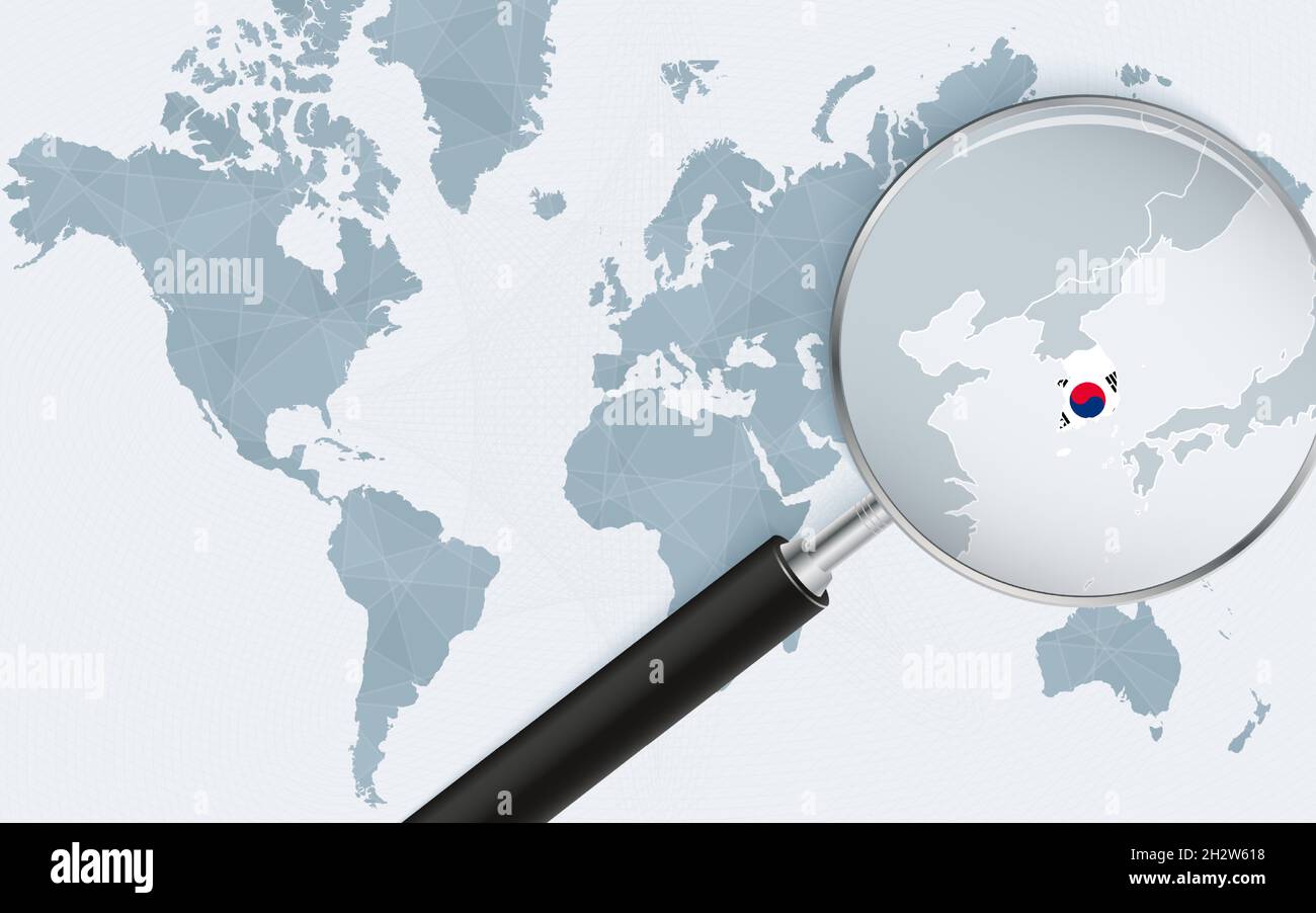 World map with a magnifying glass pointing at South Korea. Map of South ...